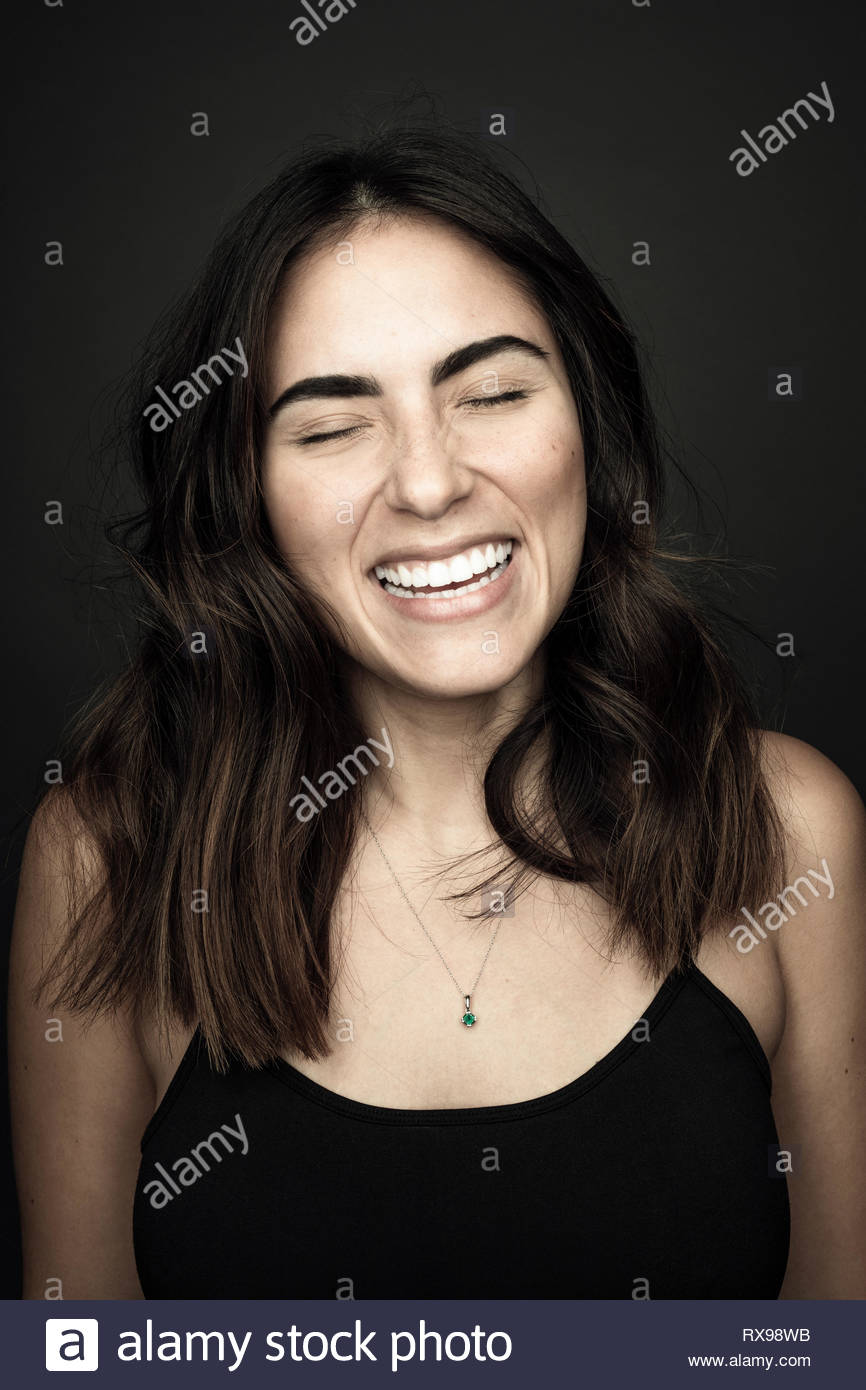 Portrait Carefree Beautiful Young Brunette Latina Woman Laughing Stock