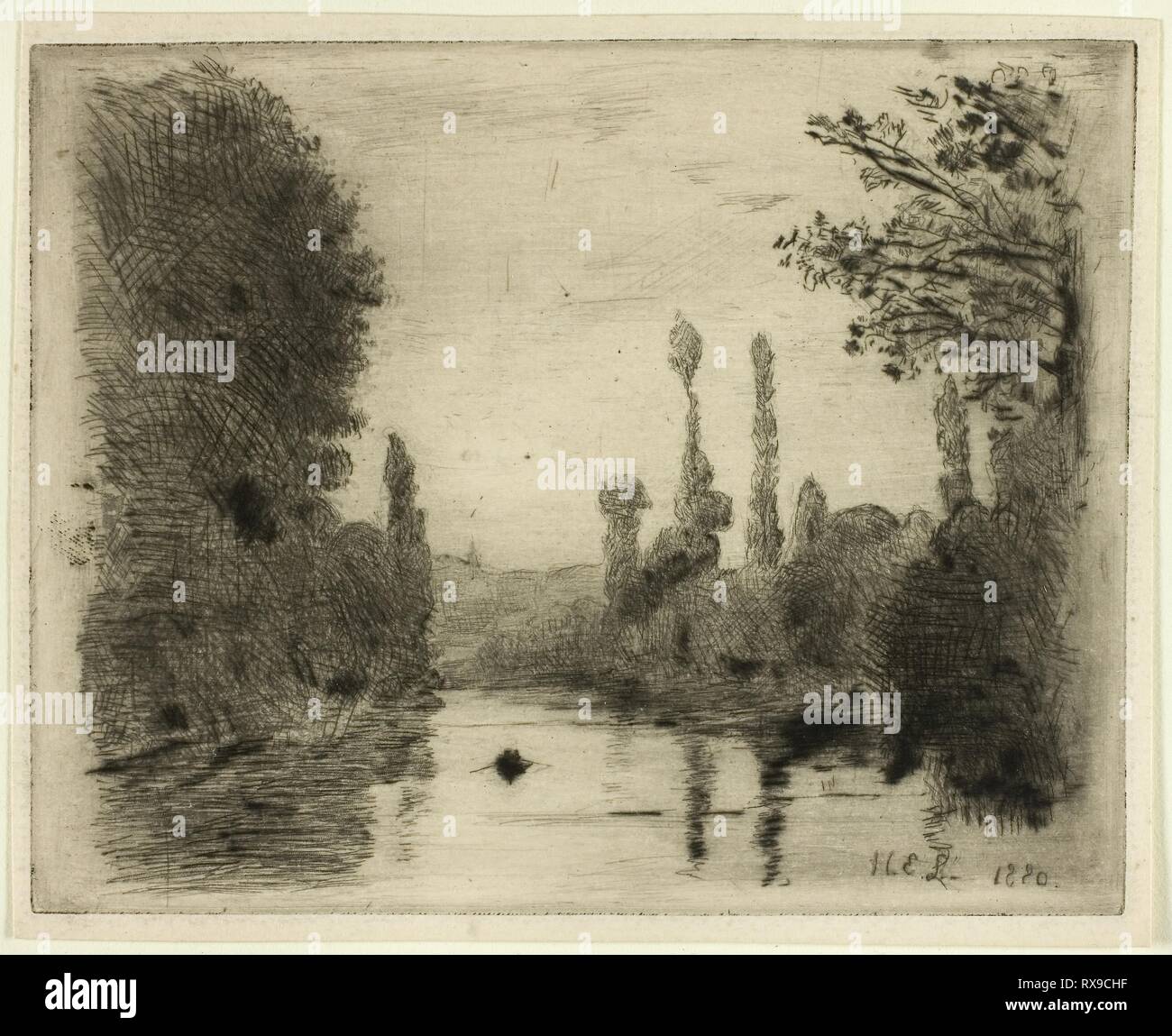 River Scene with Boat (Small plate). Henri-Emile Lessore; French, 1830 ...