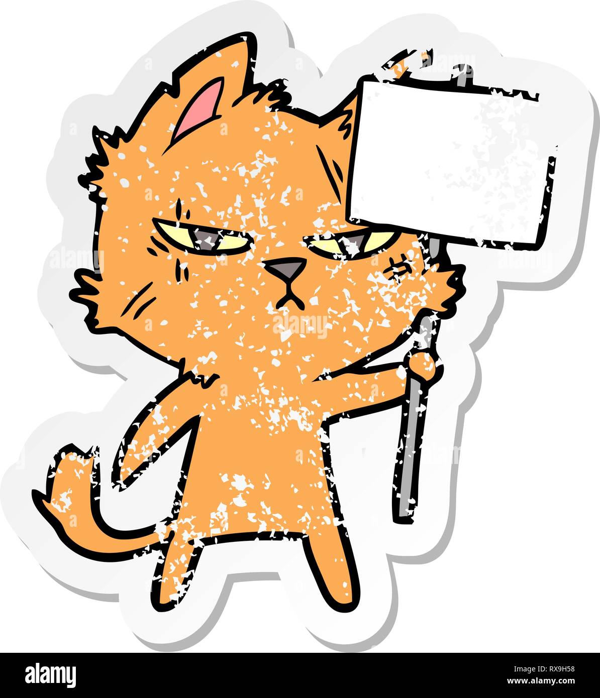 distressed sticker of a tough cartoon cat with protest sign Stock ...