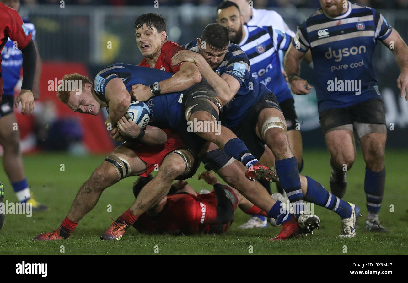 Bath's Miles Reid is tackled by Saracens Mike Rhodes during the ...