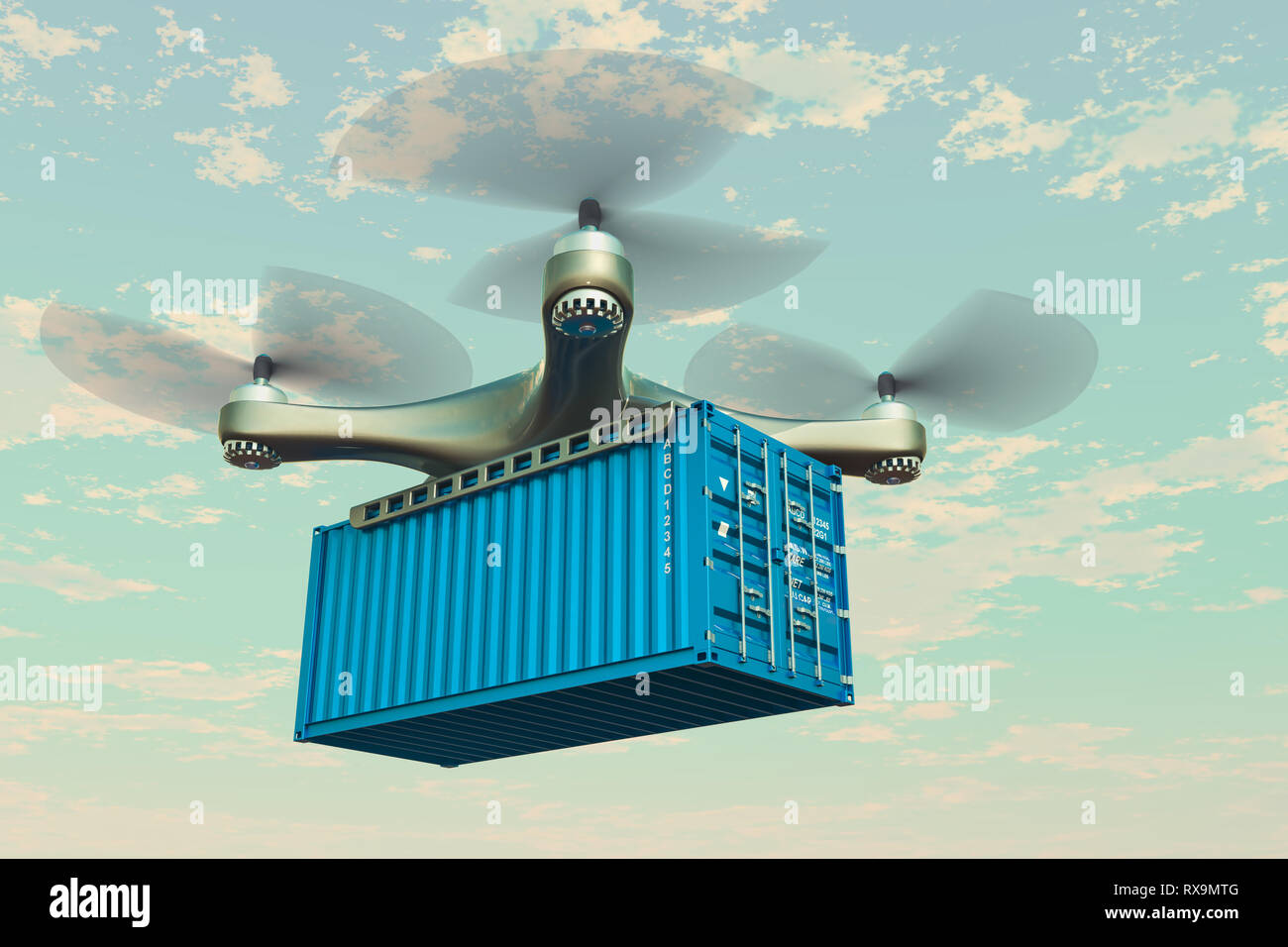 Drone with cargo container in the blue sky, 3D rendering Stock Photo ...