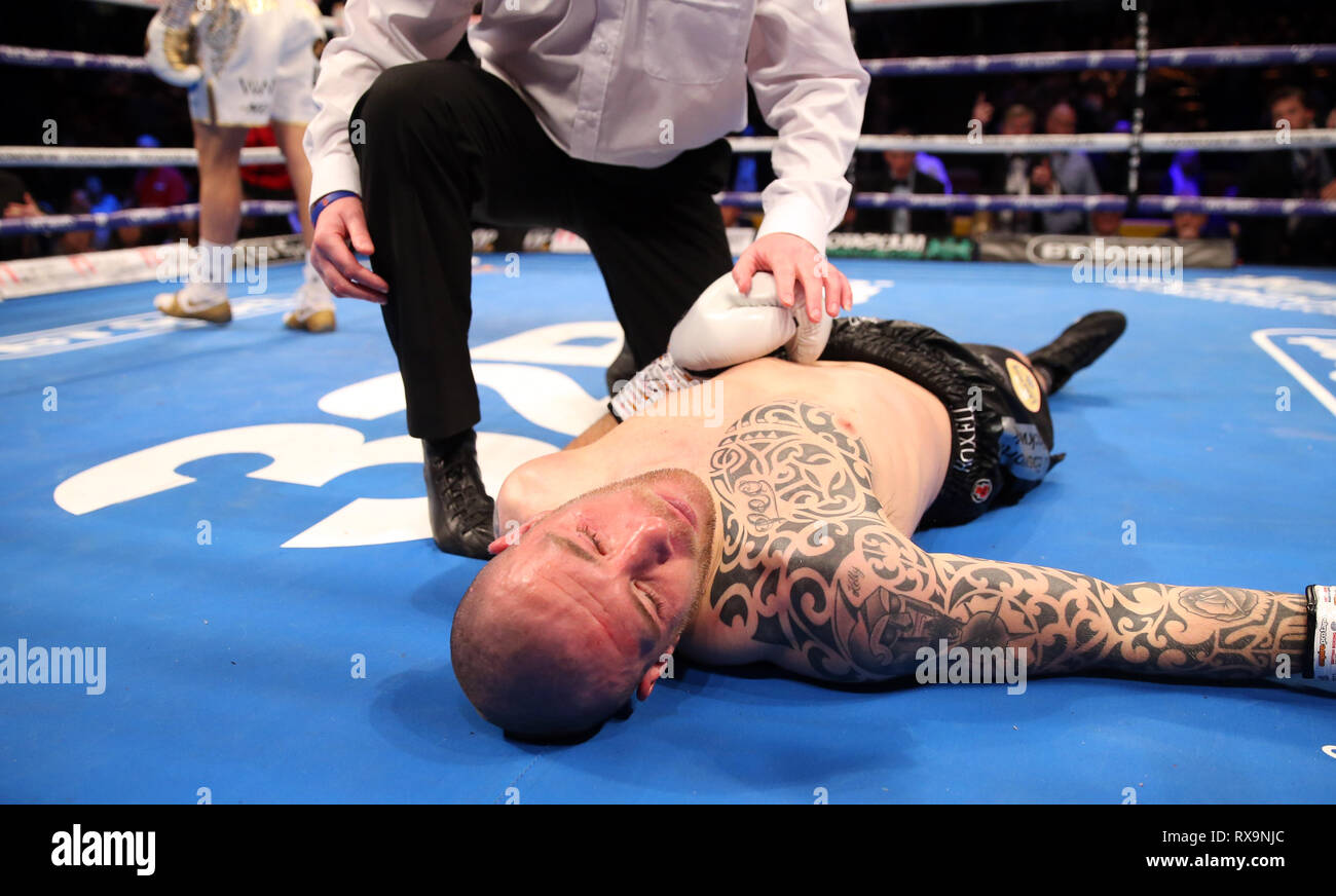 Joe Mullender is knocked out by Liam Williams during the British ...