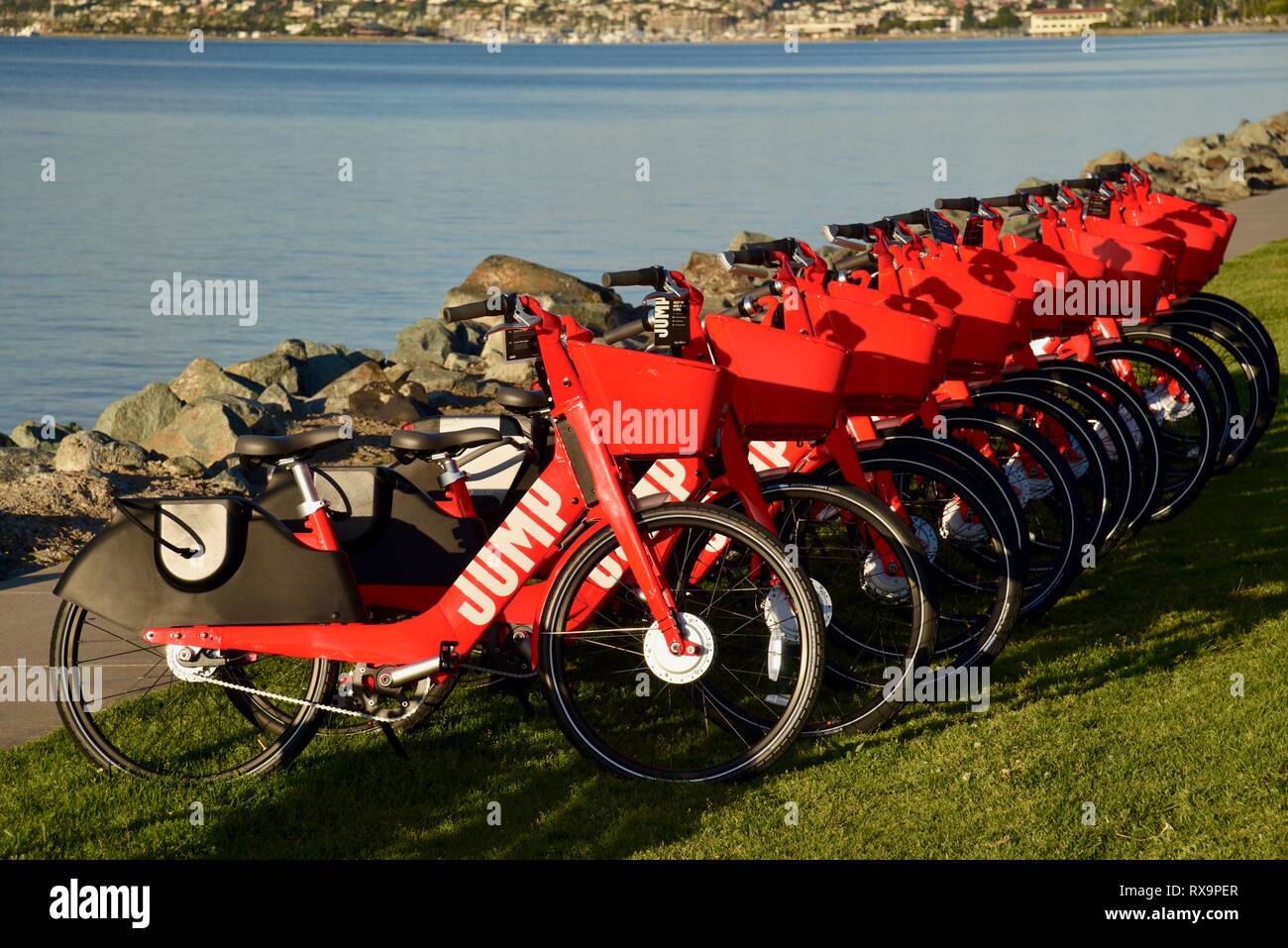 Uber's Jump ride-sharing (bike share) red, electric bicycles (e-bikes ...