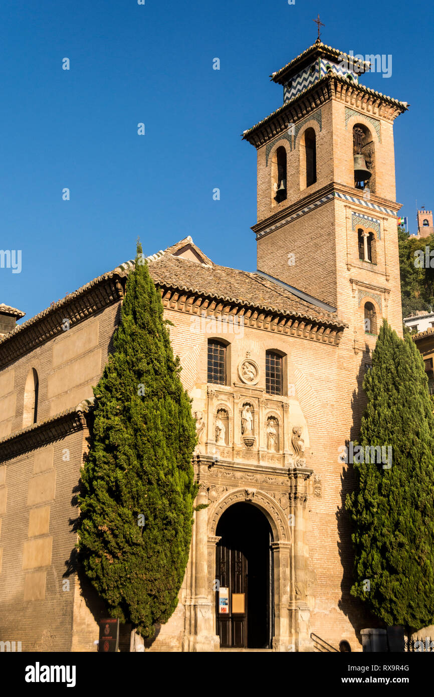 Exterior shot of buildings and spanish architecture; Catholic church ...