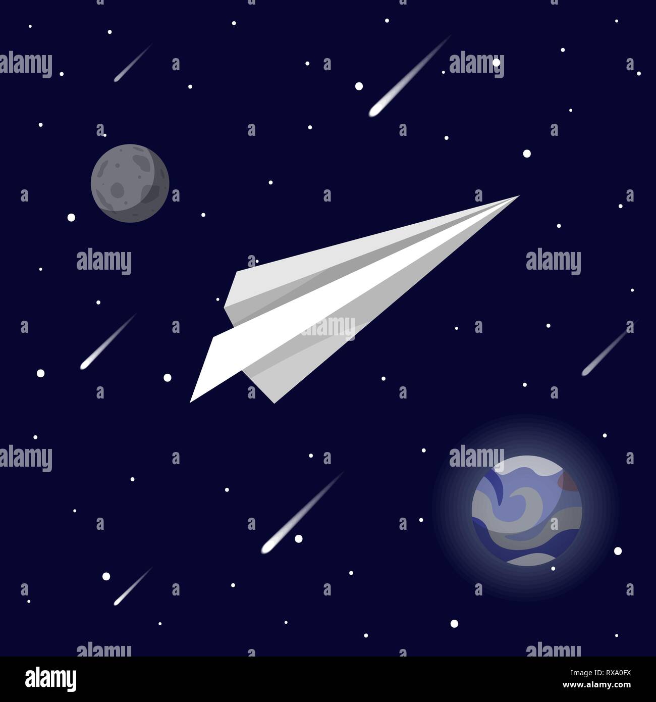 a paper airplane flies through universe.Space design.Vector ...