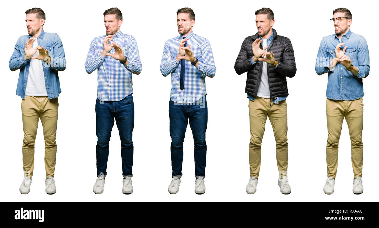 Collage of attractive young man over white isolated background ...