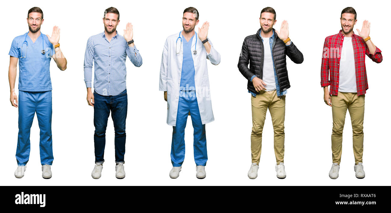 Collage of attractive young man over white isolated background Waiving ...