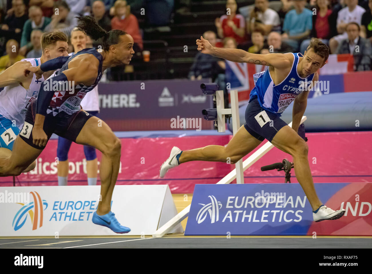 Glasgow, Scotland, UK. 3rd March, 2019. Cyprus' Milan Trajkovic wins ...
