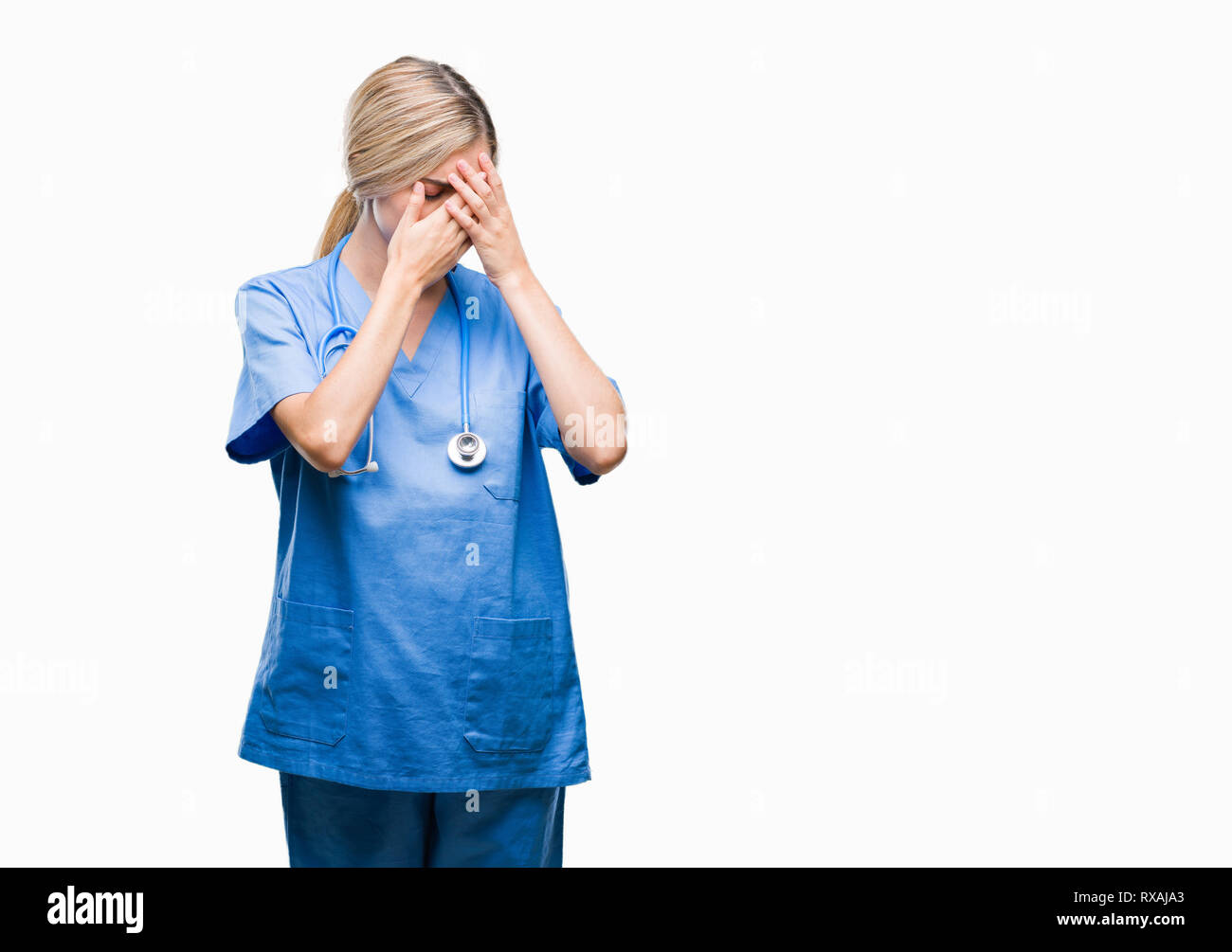 Young beautiful blonde doctor surgeon nurse woman over isolated ...