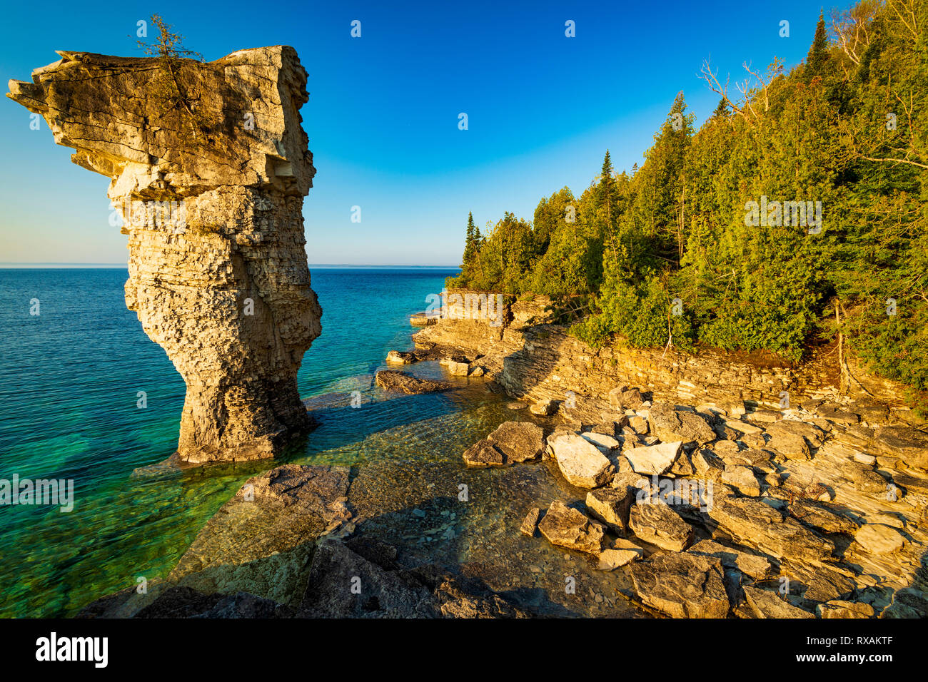 Large 'flowerpot' (sea stack) in morning light on Flowerpot Island ...