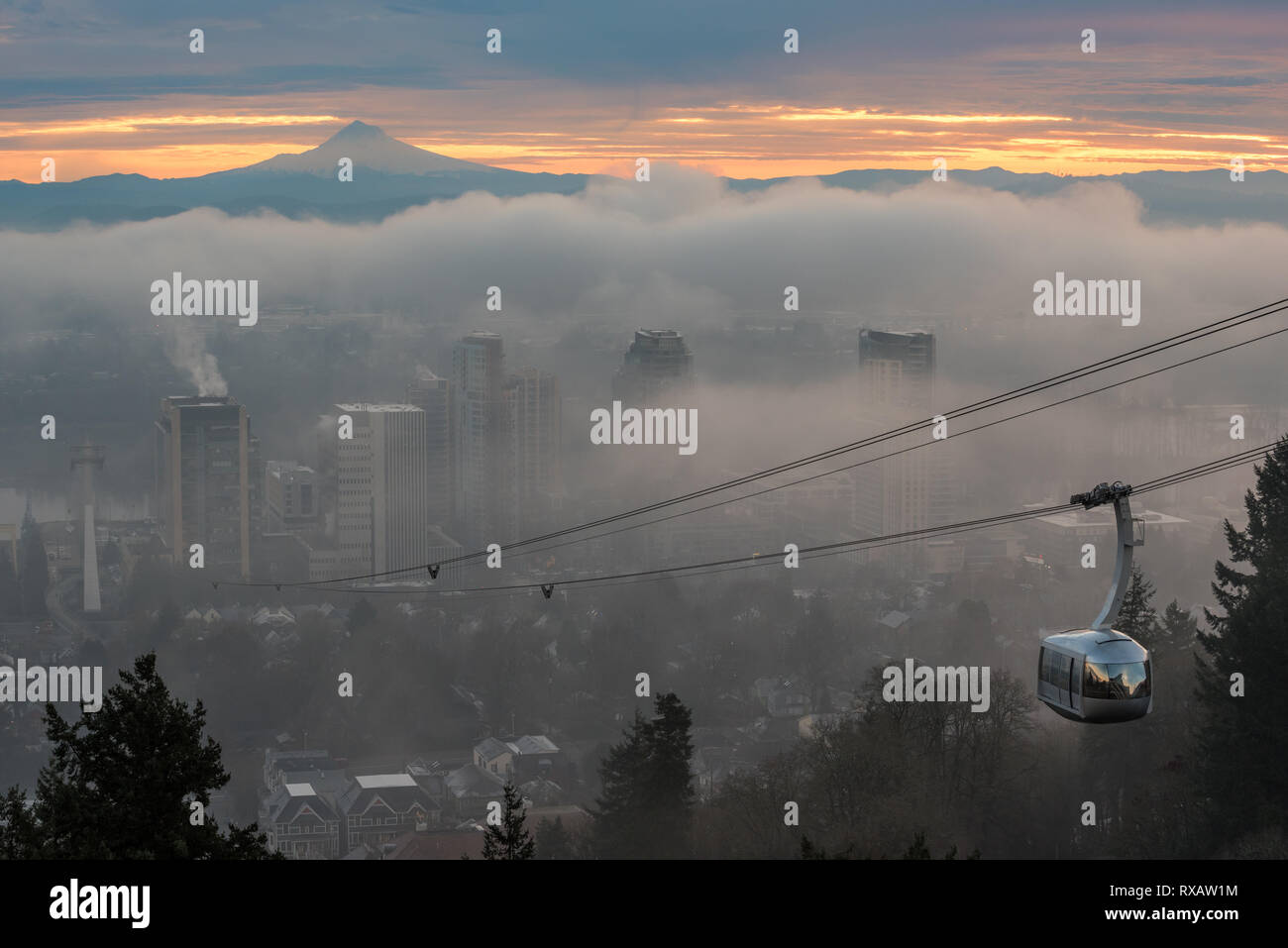 Portland aerial tram, fog and Mt. Hood, Portland, Oregon Stock Photo ...