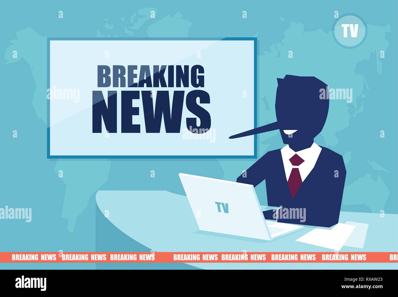 Fake and breaking news concept. Vector of a presenter with a long liar ...