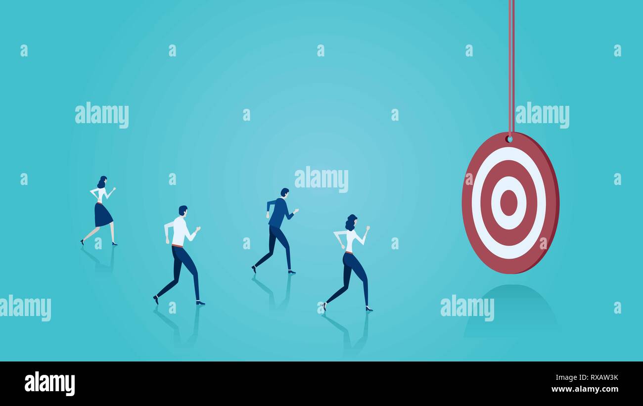 Vector of business people running towards a target on blue background ...