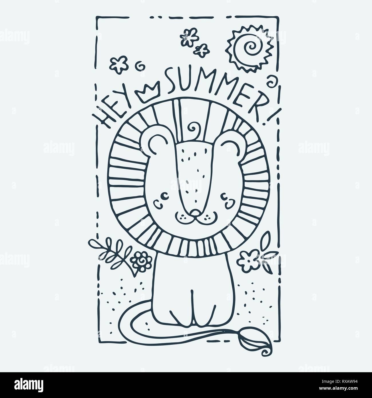 Hey summer. Cute little animal with lettering. Cartoon hand drawn ...