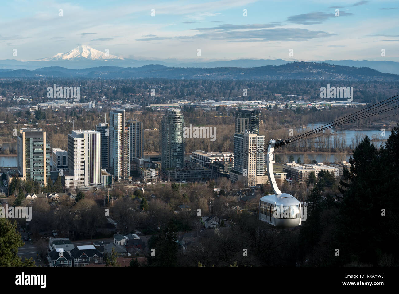 Portland aerial tram and Mt. Hood, Portland, Oregon Stock Photo - Alamy