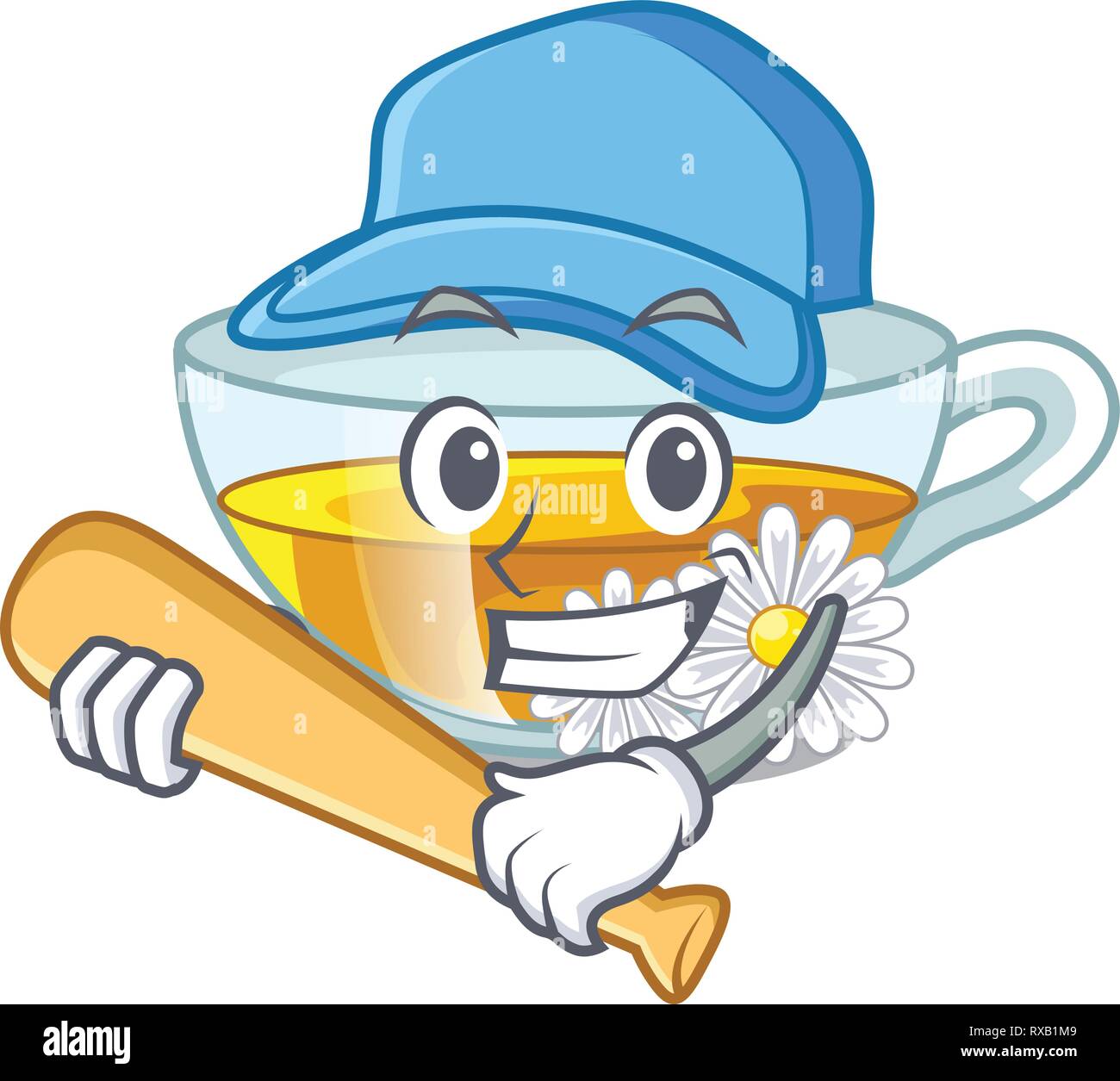 Playing baseball cup chamomile tea cartoon above table Stock Vector ...