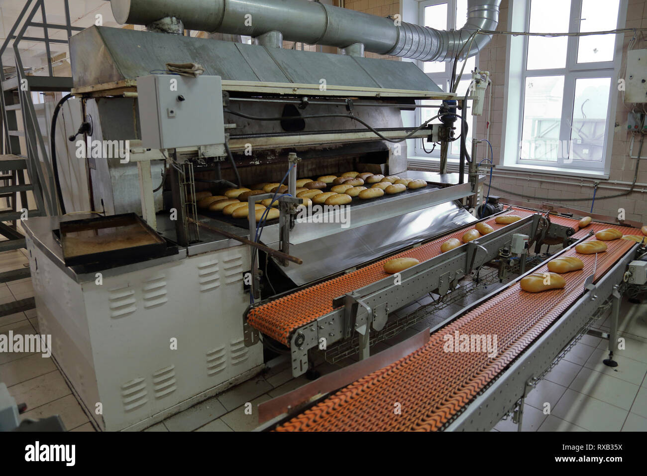 High angle view of breads processing on conveyor belt in factory Stock ...