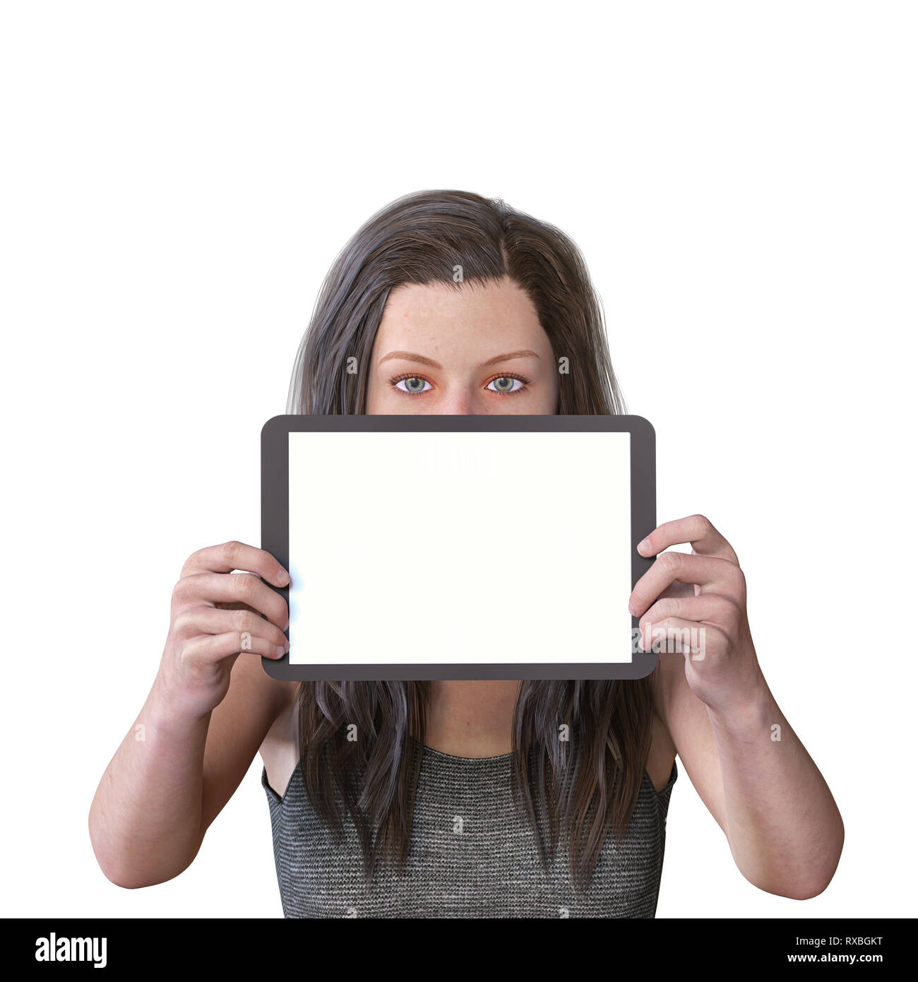3D figure render of a female figure with a blank tablet for content and ...