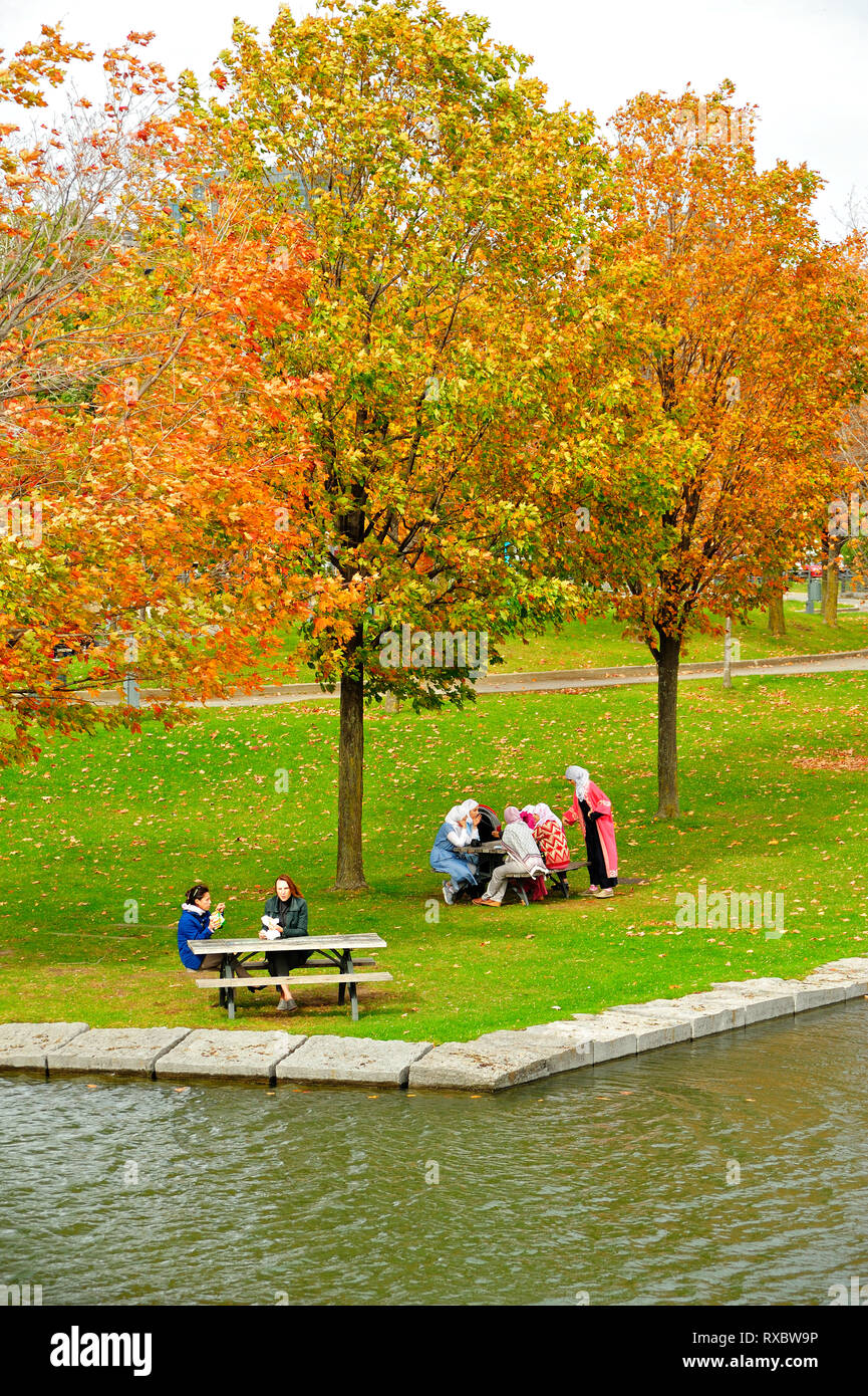 women picnicking in park at Old Port, Montreal, Quebec, Canada Stock ...
