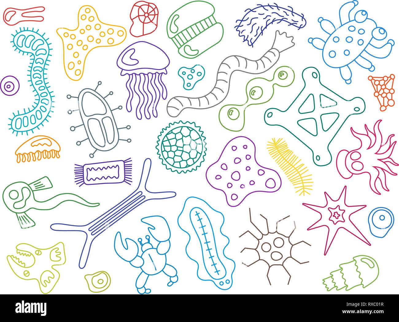 Various microorganisms on white background pattern. Backdrop with ...