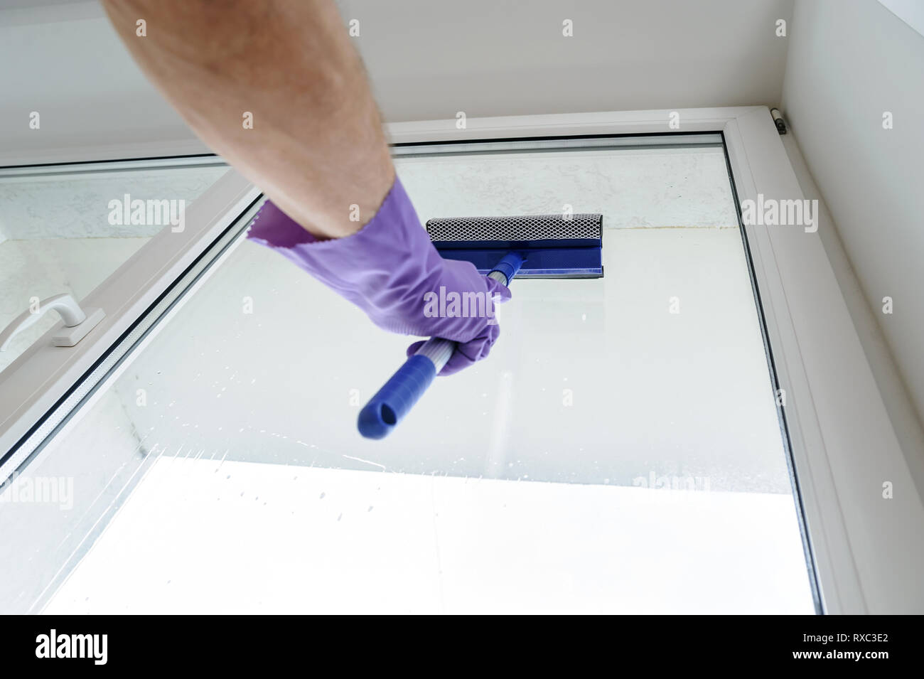 A man cleans the windows in the house. The hand in rubber glove is ...