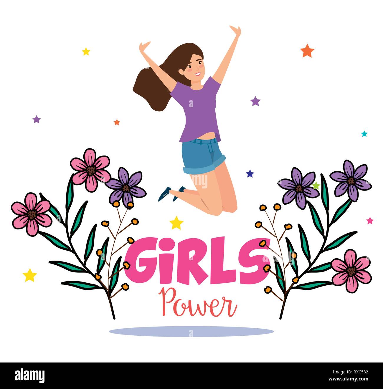 power girl jumping celebrating with flowers Stock Vector Image & Art ...