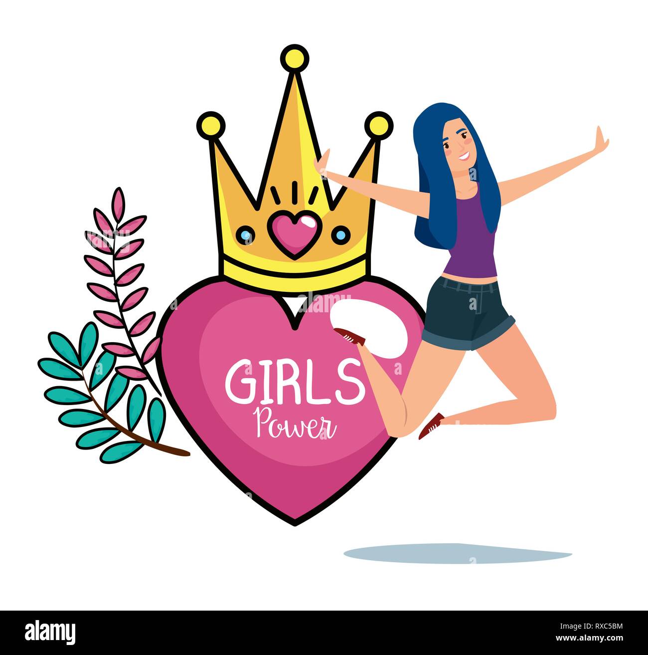 power girl jumping celebrating with crown and heart Stock Vector Image ...