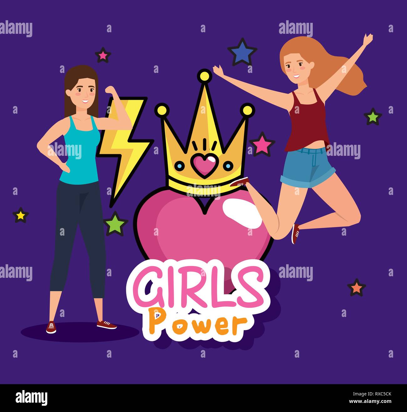 power girls jumping celebrating with crown and heart Stock Vector Image ...