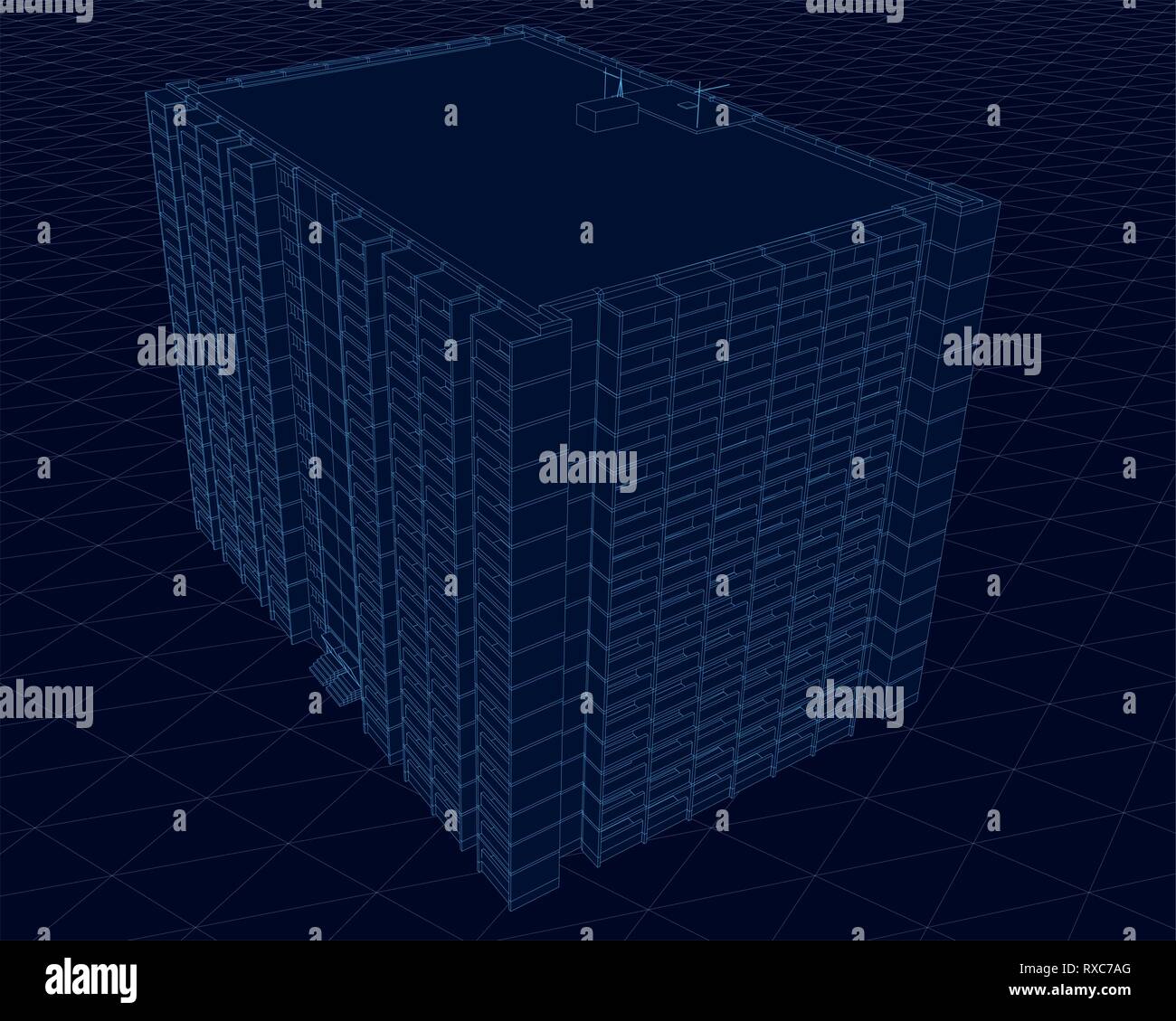 Wireframe multi-storey building of blue lines on a dark background. 3D ...