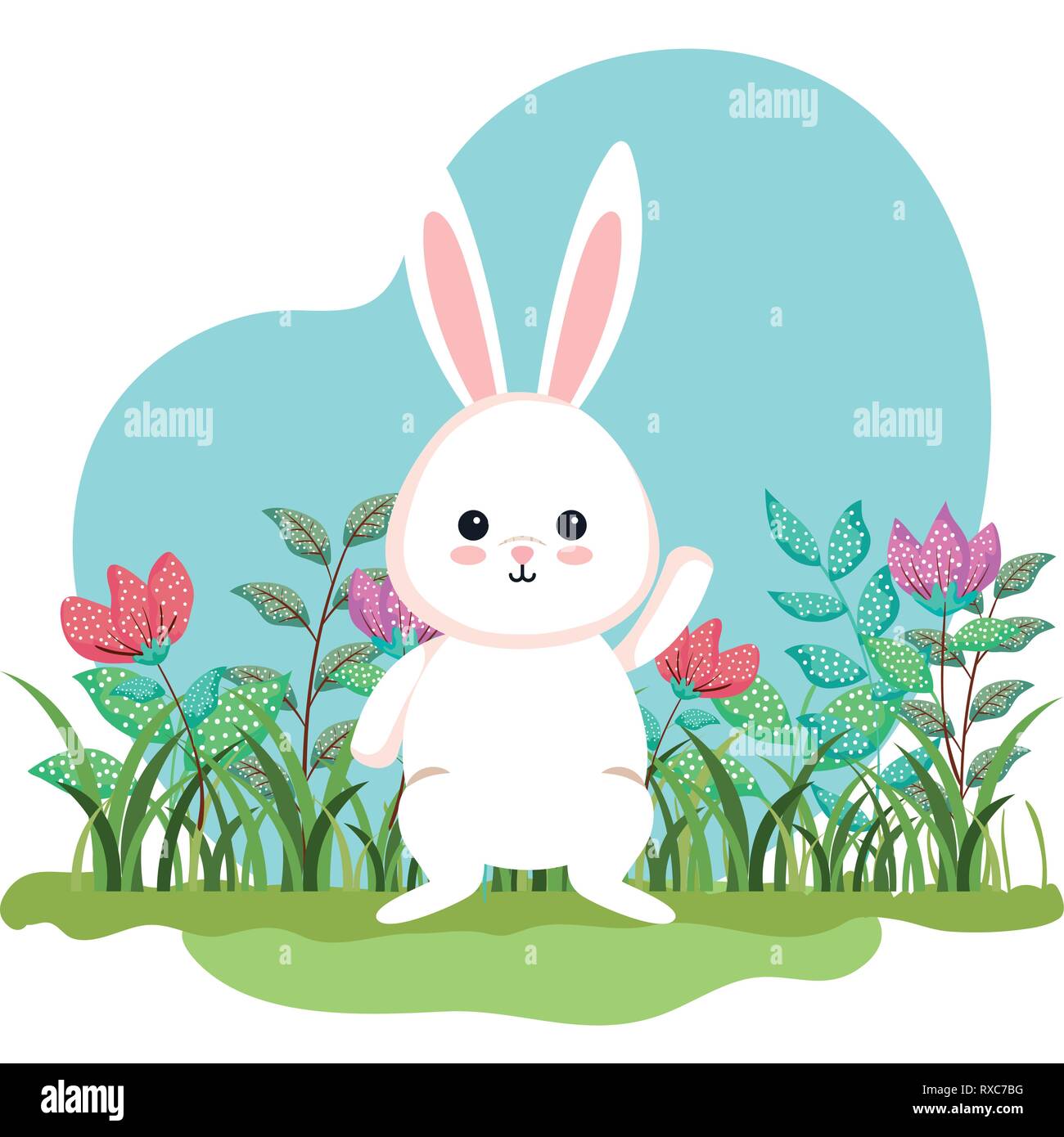 cute rabbit animal and flowers plants with leaves Stock Vector Image ...