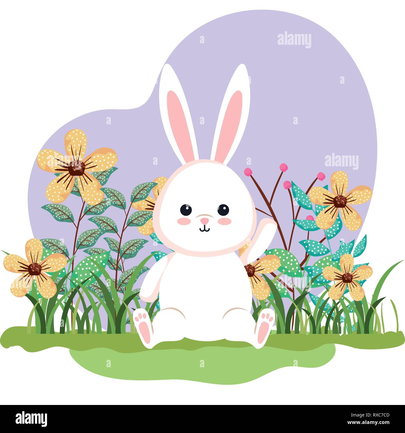 cute rabbit sitting and flowers plants with leaves Stock Vector Image ...