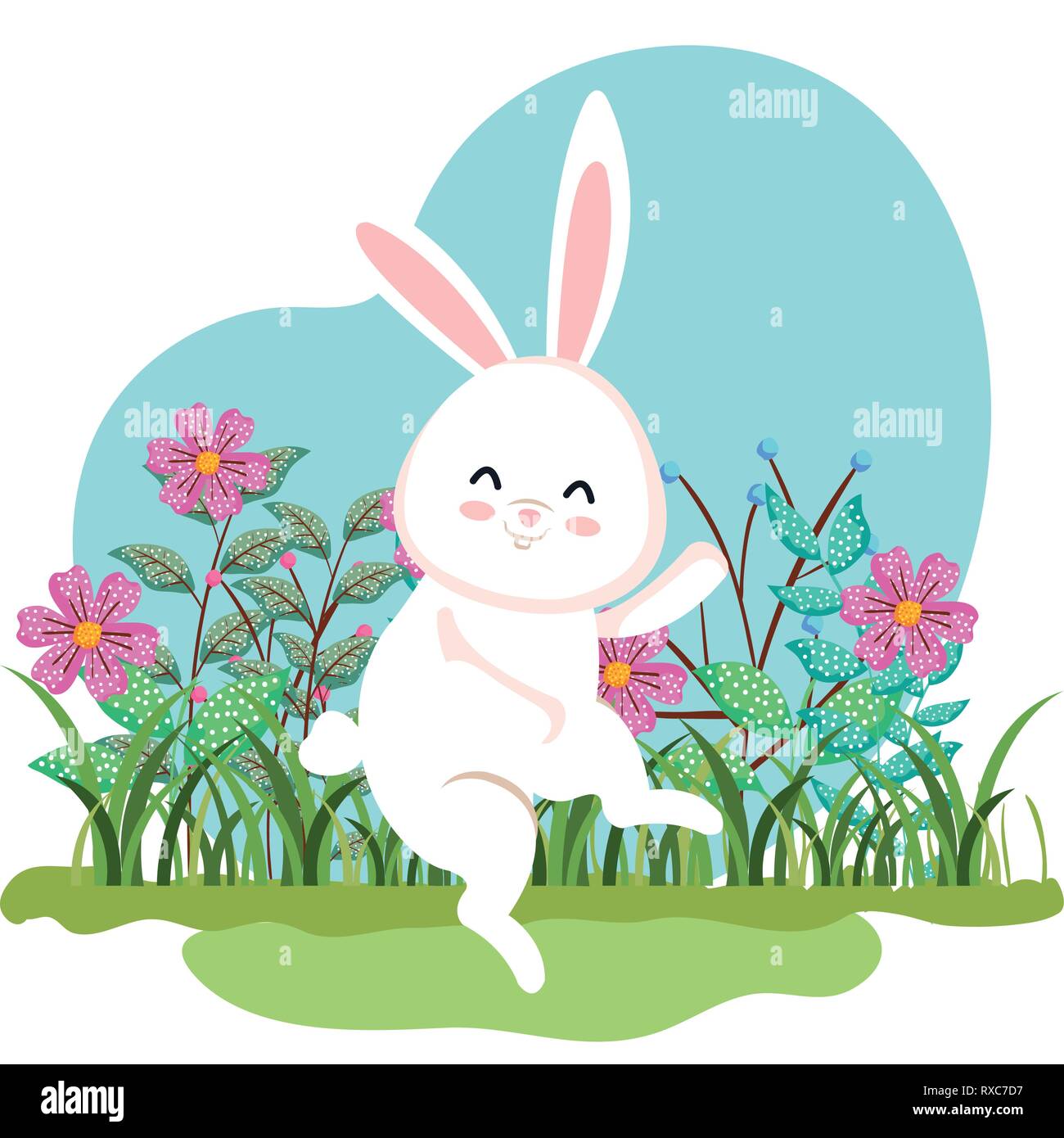 cute rabbit dancing and flowers plants with leaves Stock Vector Image ...