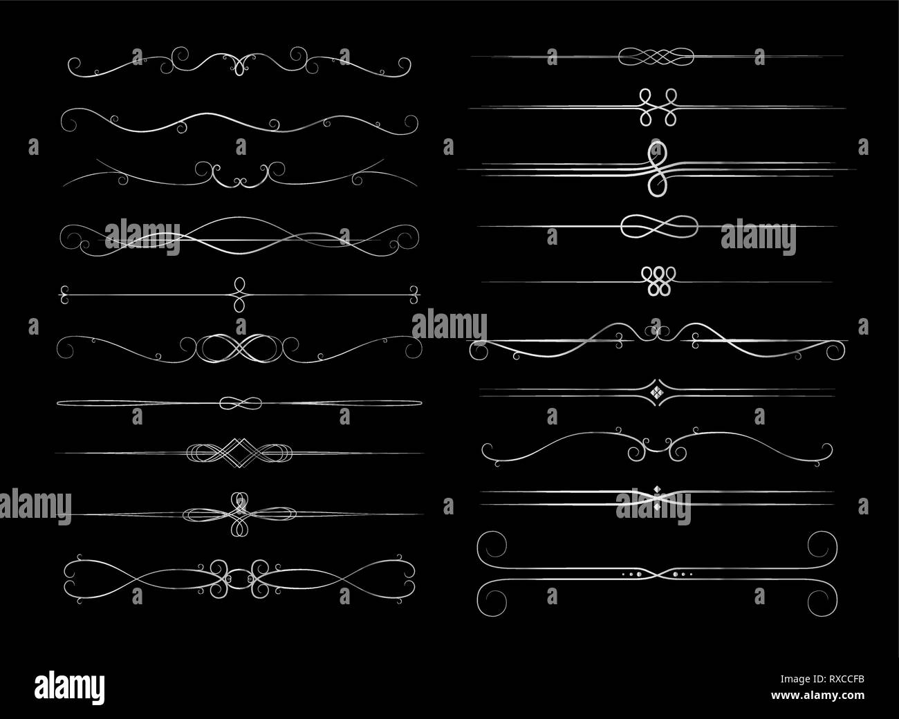 Big set of retro calligraphic page dividers in silver colour, page ...