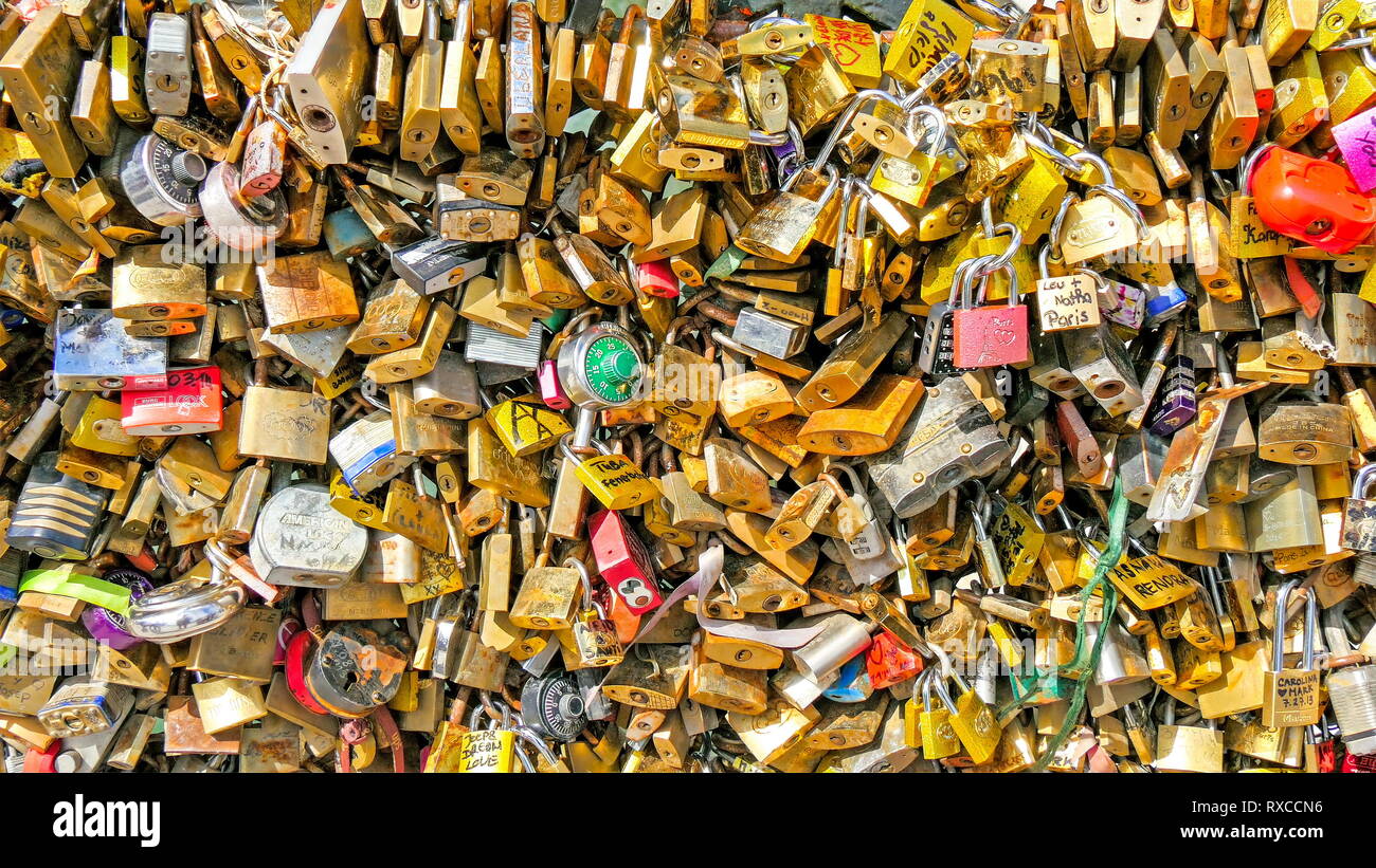 The famous tourists attraction of Paris love locks bridge. The love ...