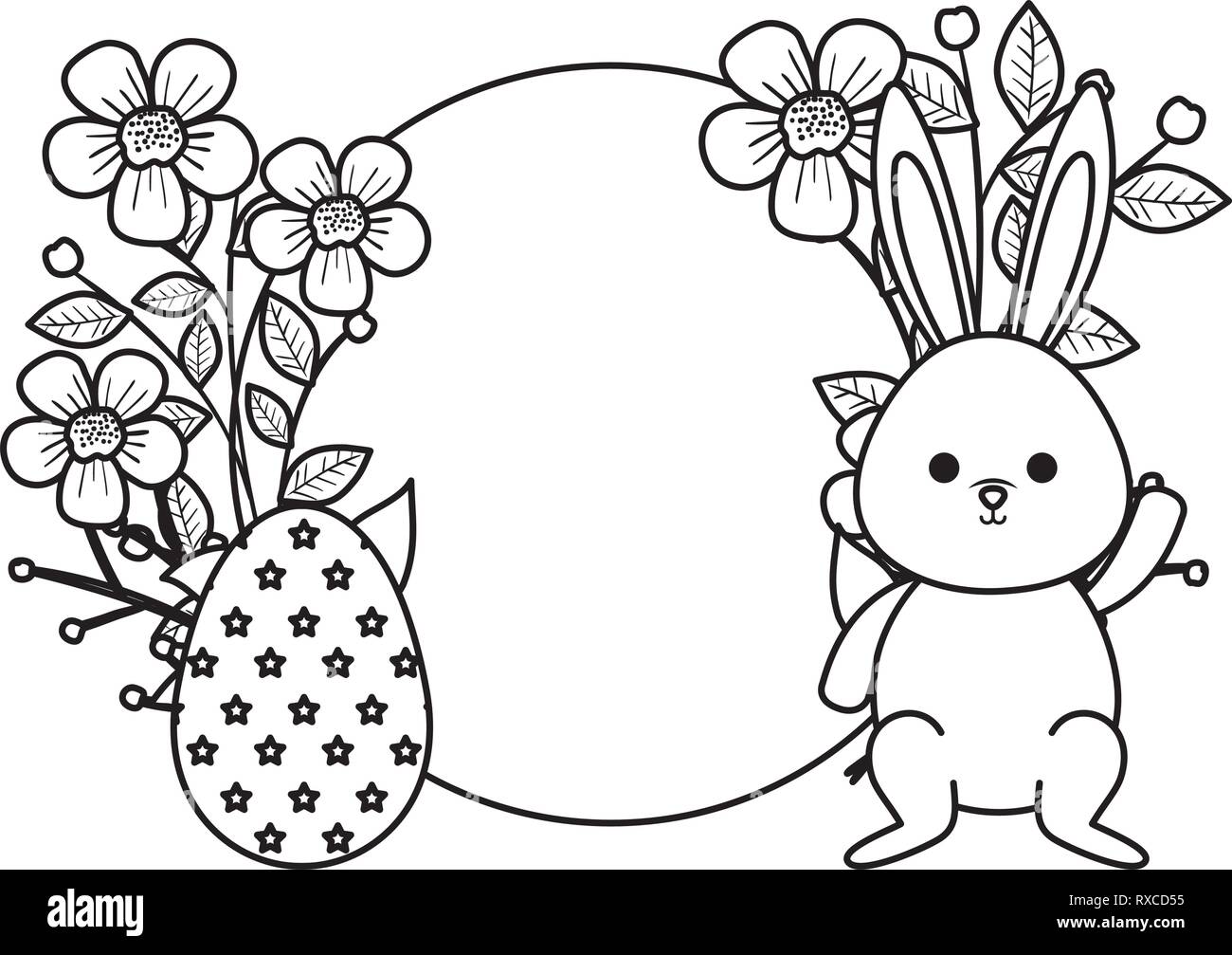 cute rabbit with easter egg painted and circular floral frame Stock ...