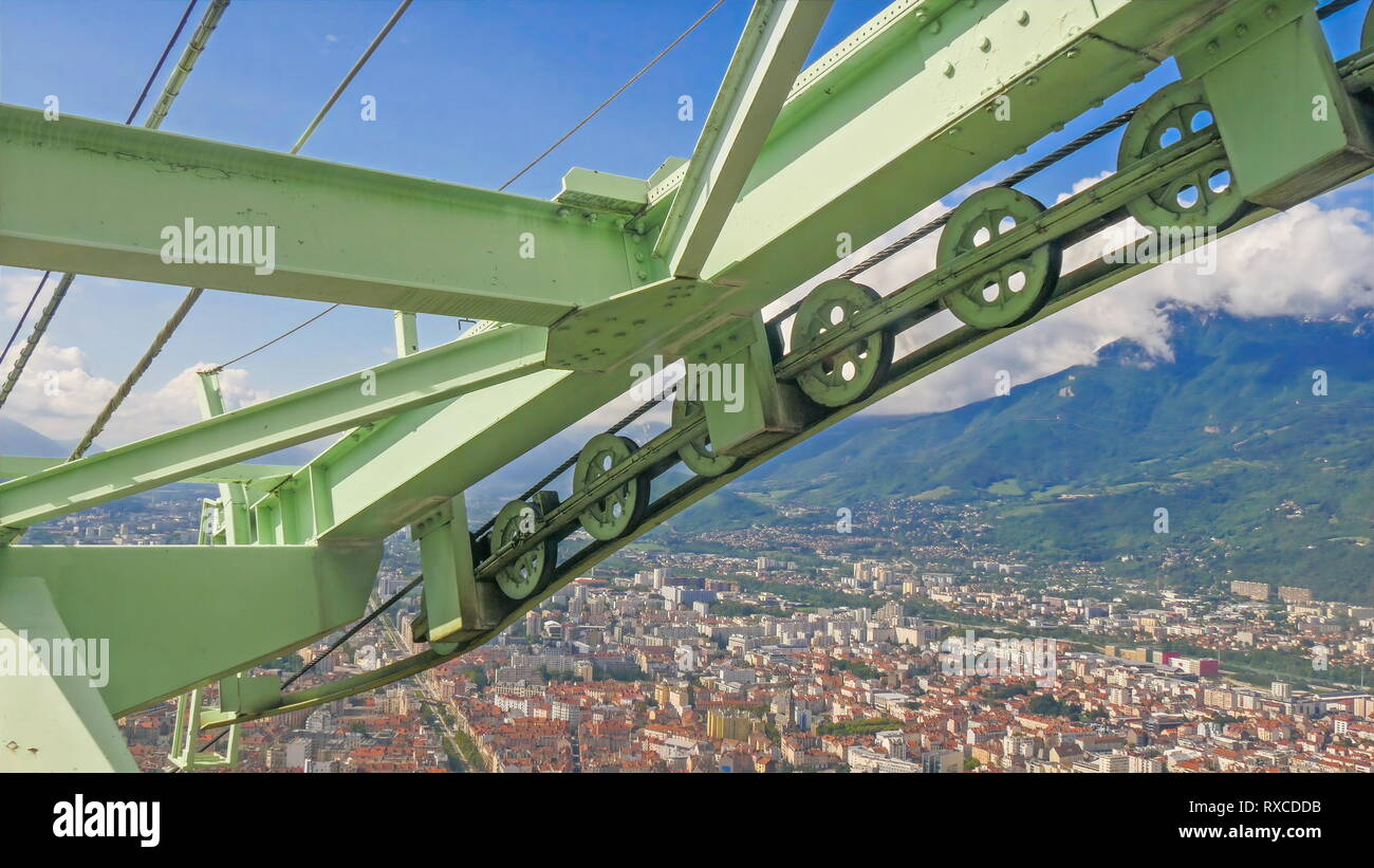 The metal rollers in the edge of the cable car. Slowly turning once the ...