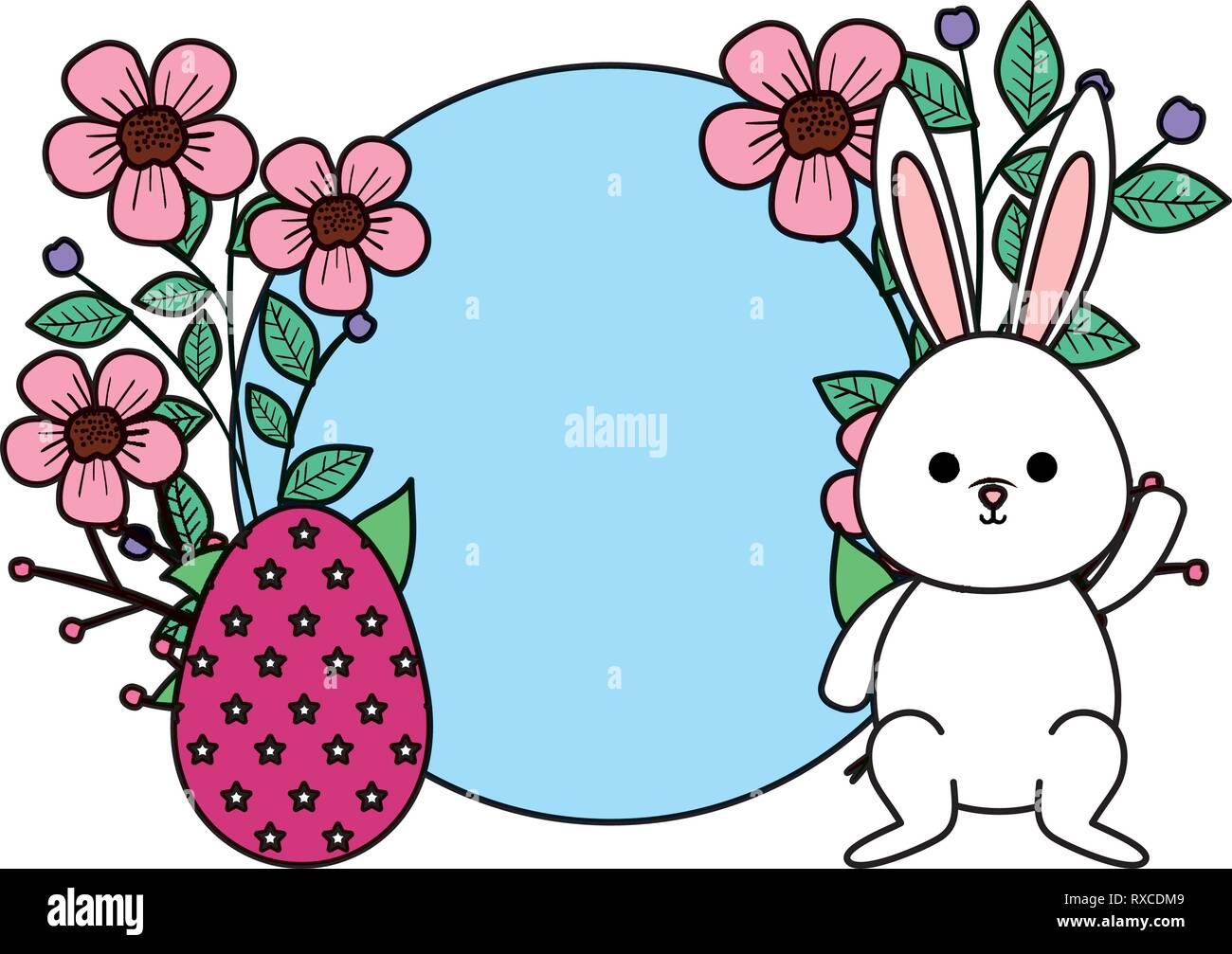 cute rabbit with easter egg painted and circular floral frame Stock ...