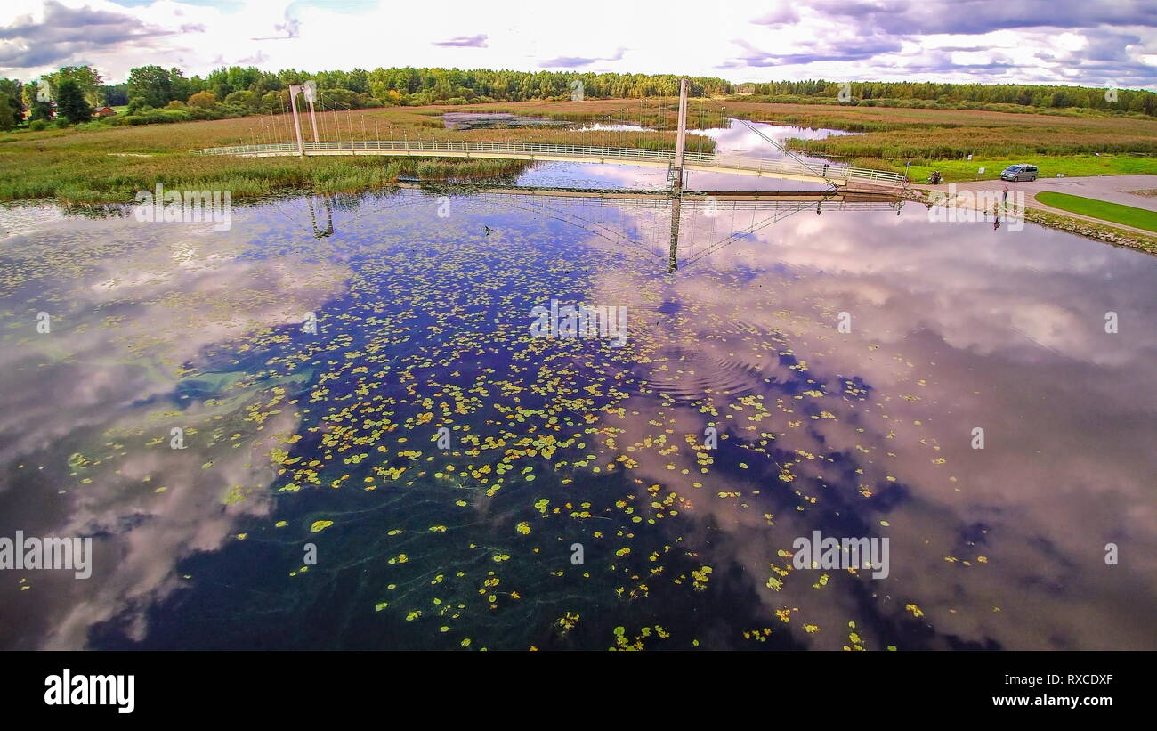 Clear waters of Tamula lake with floating leaves. The reflection of the ...