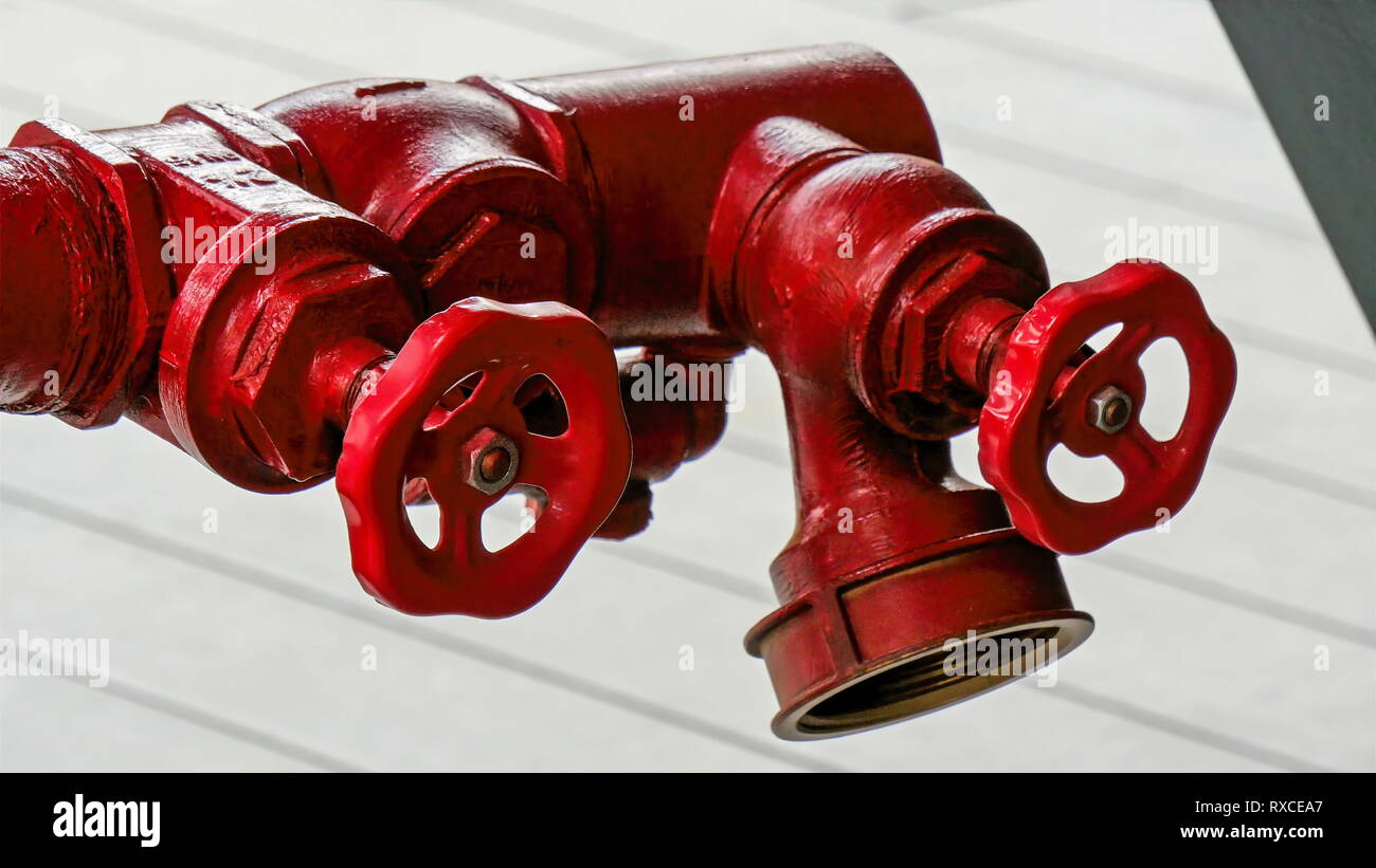 A red water pump for firetrucks on the expo in Italy. The red water ...