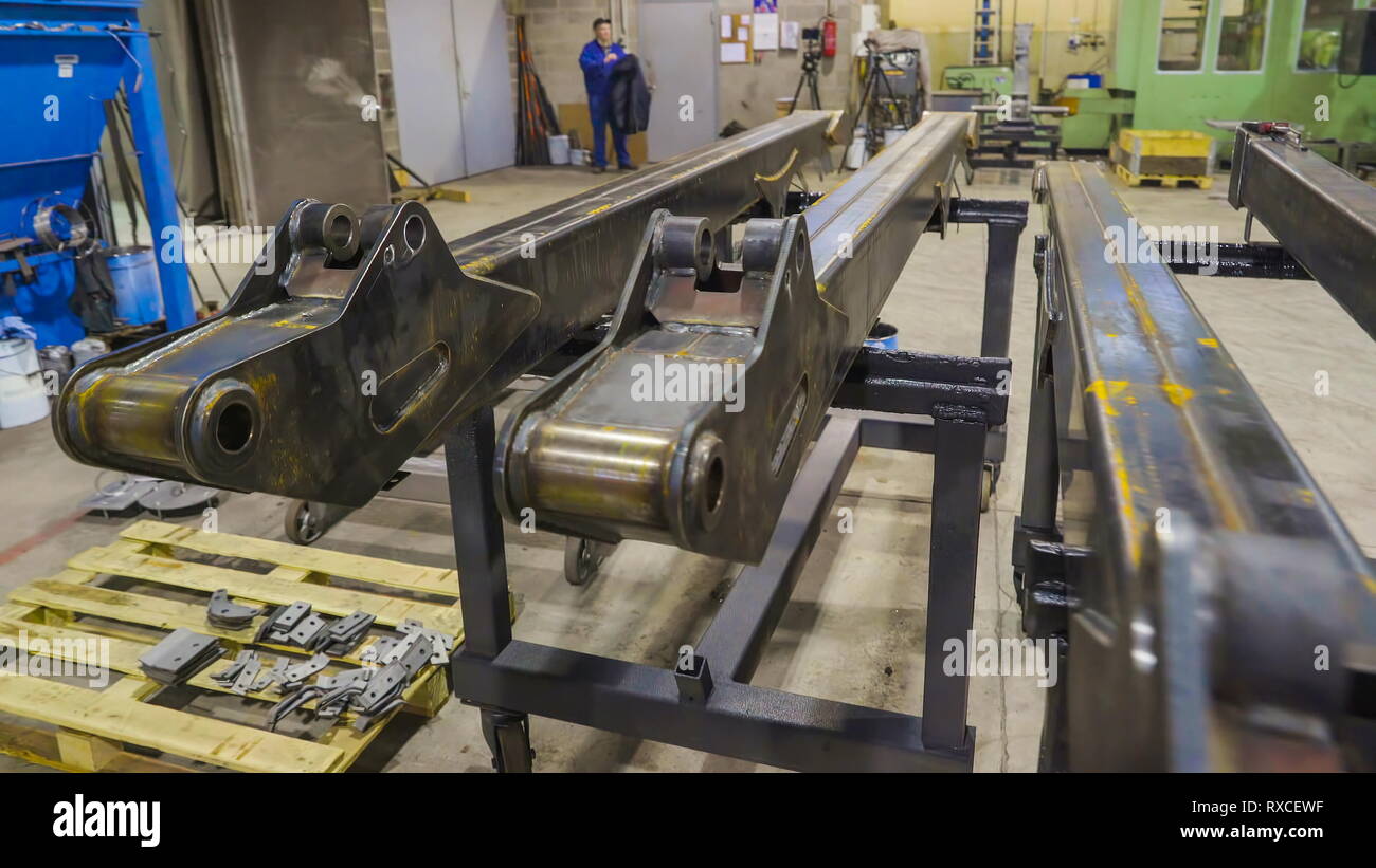 Four big metals products inside the steel factory. The big black steel ...
