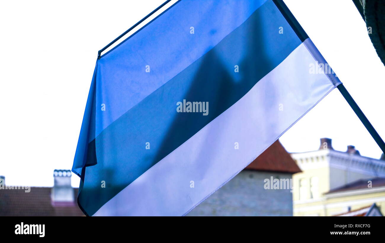 The Estonia flag waving from the wall of a building. The blue and white ...