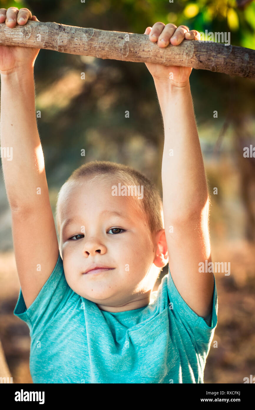 Little boy swinging on a tree at kids playground outdoor Stock Photo ...
