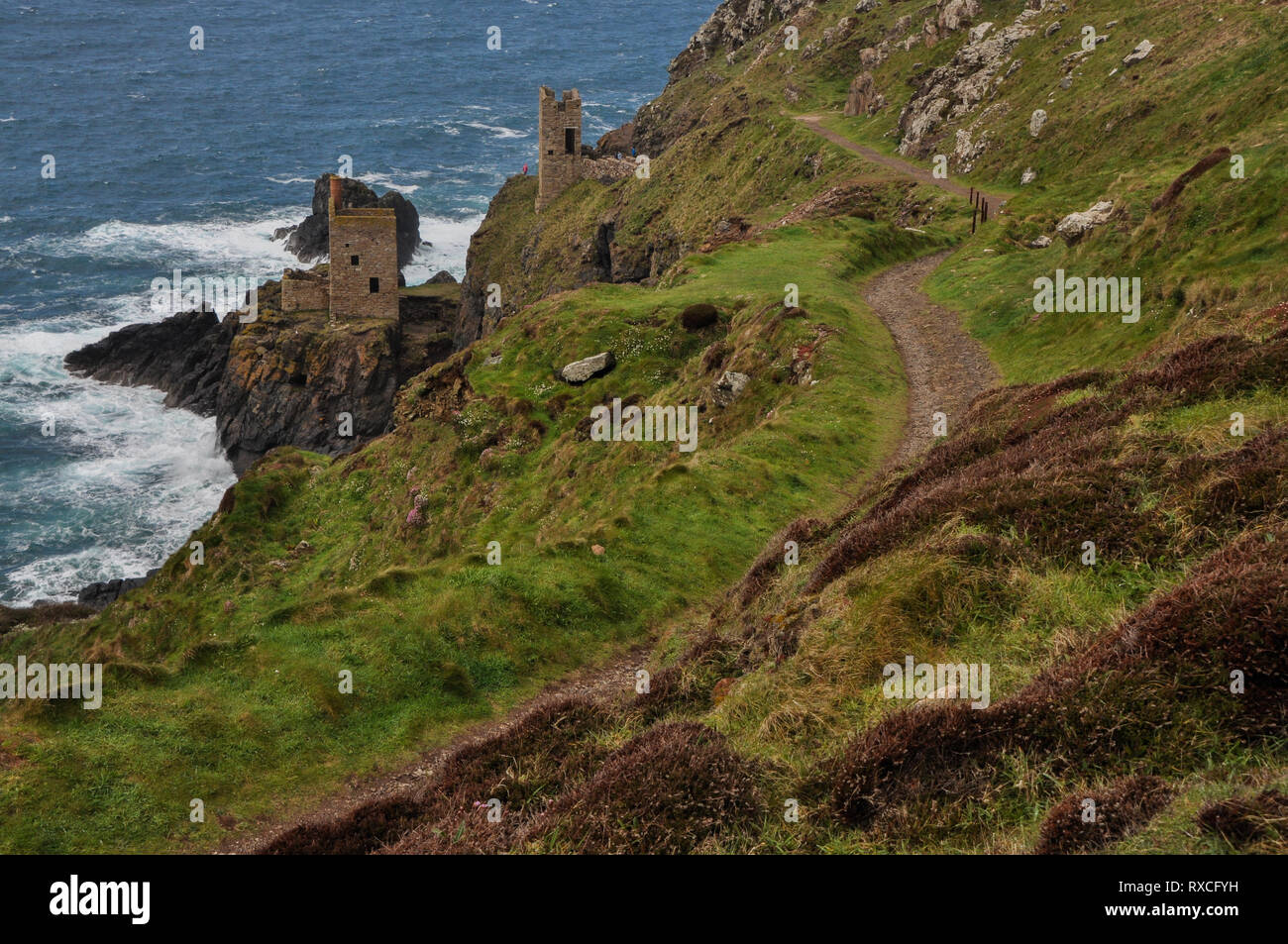 Spring view of The Botallack Mines and cliffs in West Cornwall, England ...