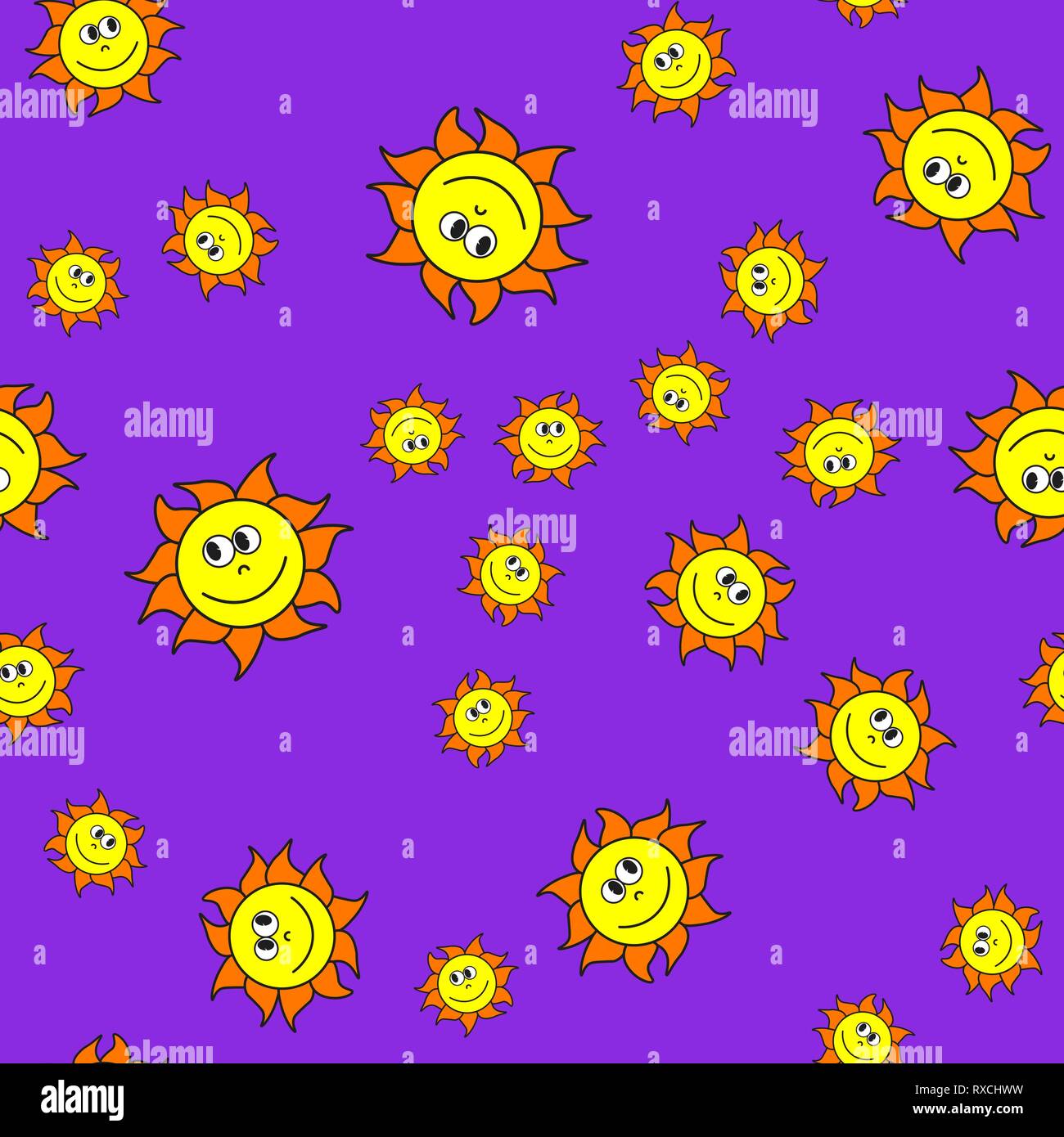 Seamless pattern of suns in cartoon style. On color background, vector ...