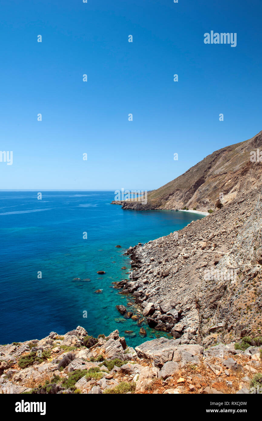 View of the southern coast of Crete between the villages of Hora ...