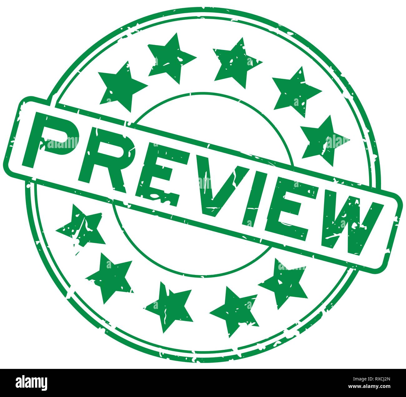 Grunge green rubber preview word with star icon round rubber seal stamp ...