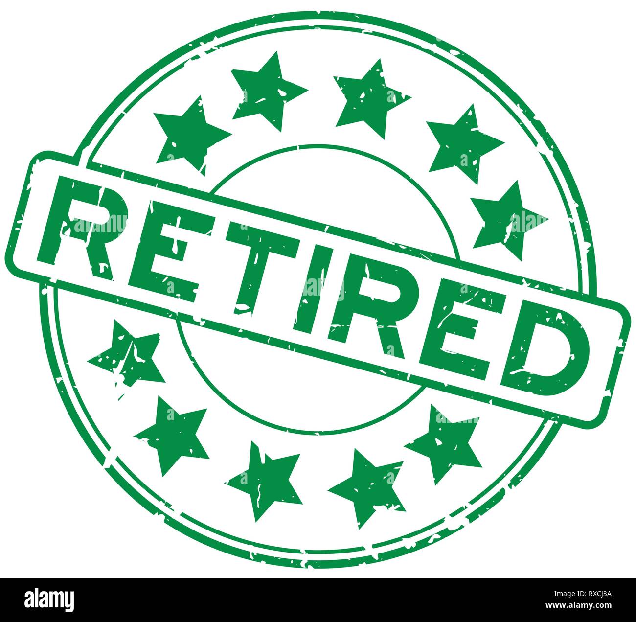 Grunge green retired with star icon round rubber seal stamp on white ...