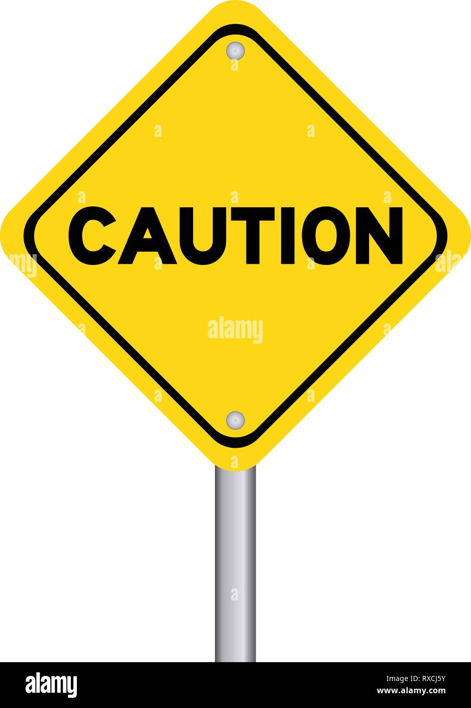 Yellow transportation signpost with caution word and pole isolated on ...