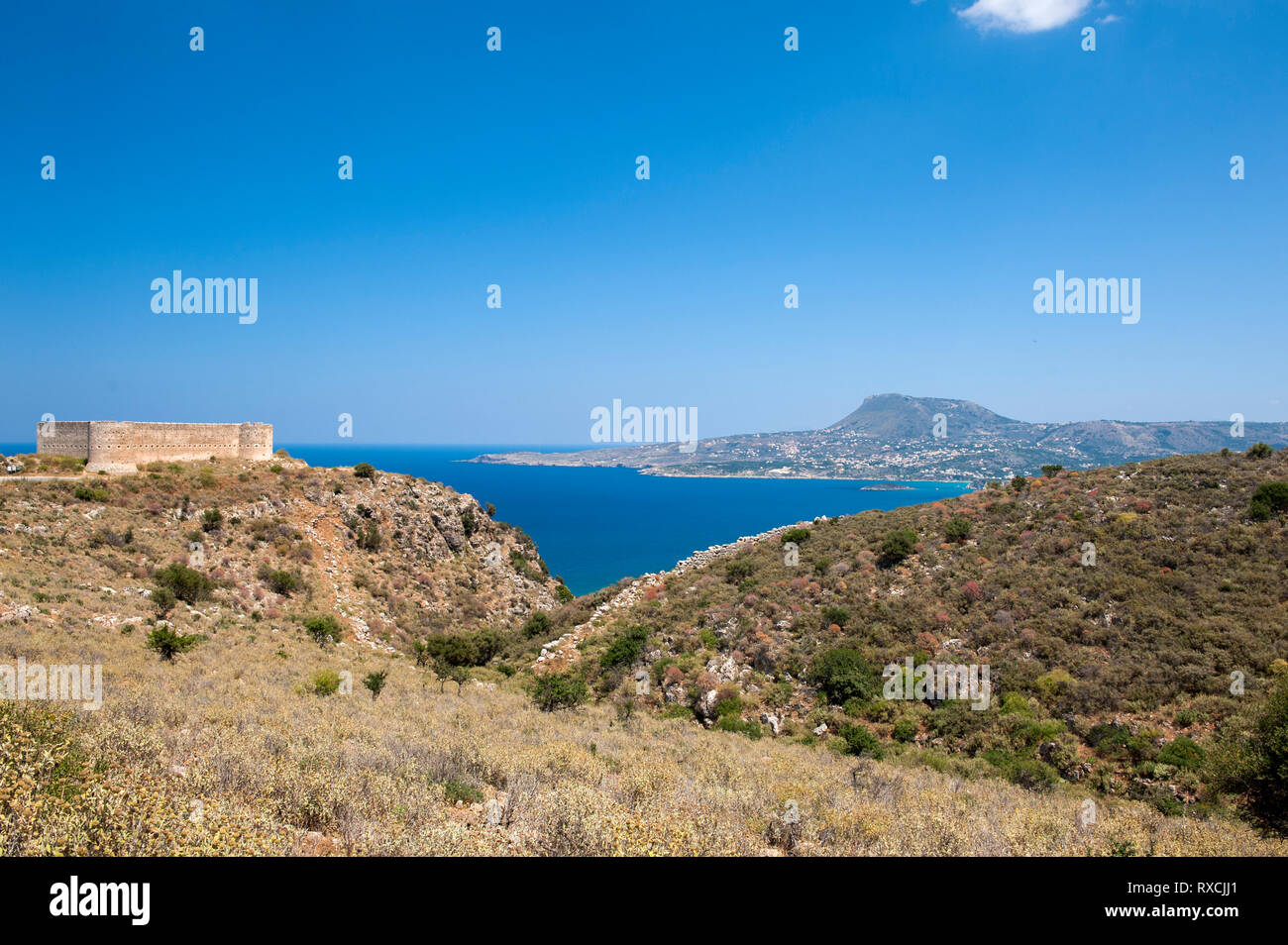 View towards the Turkish castle at Aptera on the northern coast of the ...