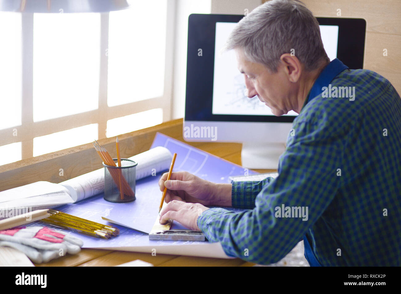 profession, carpentry, woodwork and people concept - carpenter testing ...